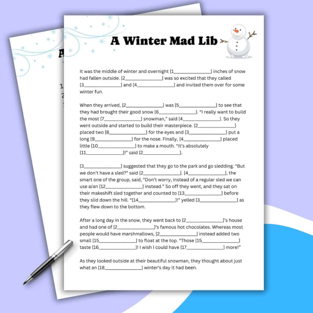 Winter Mad Libs Style Free Printable - Love & Laugh Games
